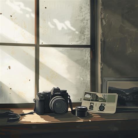 A Camera Sits On A Window Sill With A Picture Of A Bird In The Background Premium Ai Generated