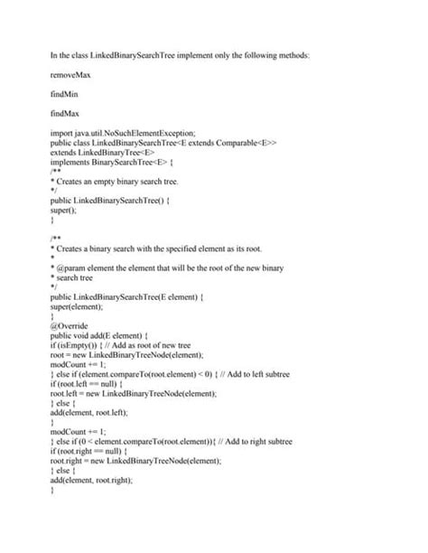 In The Class Linkedbinarysearchtree Implement Only The Following Methopdf