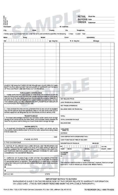 M25 Triplicate Retail Buyers Order Form
