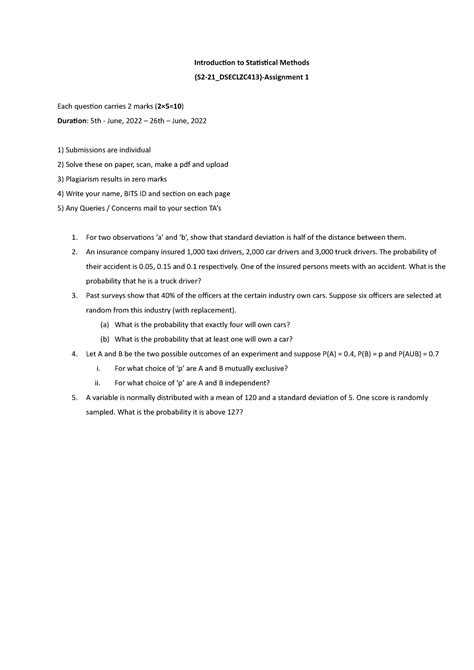 Introduction To Statistical Methods S Dseclzc Assignment Upload Stu Doc Introduction