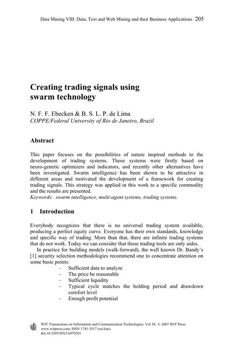 Pdf Creating Trading Signals Using Swarm Technology