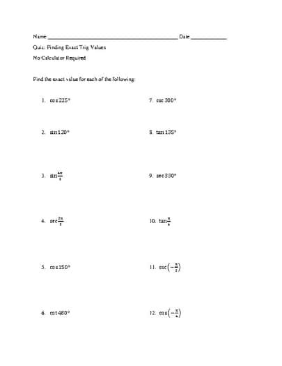 Finding Exact Trig Values Quiz B With Answer Key Tpt Finding Exact Trig Values Quiz B With Answer Key Tpt