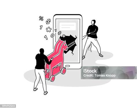 스마트 폰과 두 명의 해커가있는 트로이 목마 바이러스 공격 기호의 그림 트로이 목마에 대한 스톡 벡터 아트 및 기타 이미지 트로이 목마 스파이웨어 Brand Name