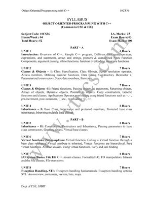 Rd Sem Cse OOPS Pdf Notes Dept Of CSE SJBIT SYLLABUS OBJECT ORIENTED PROGRAMMING WITHC
