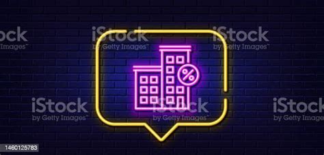 Loan House Percent Line Icon Discount Sign Neon Light Speech Bubble Vector Stock Illustration