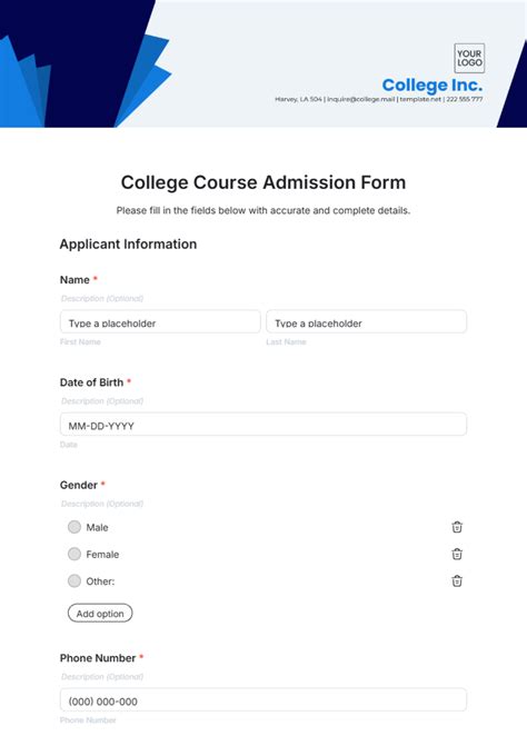 Free College Admission Form Template To Edit Online