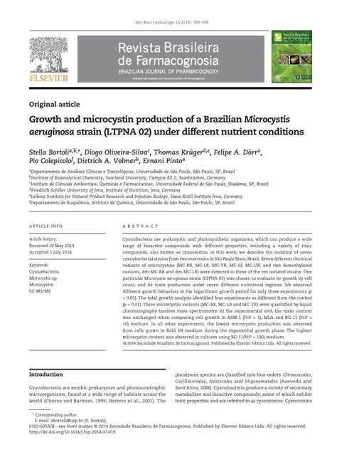 Growth And Microcystin Production Of A Brazilian Microcystis Aeruginosa