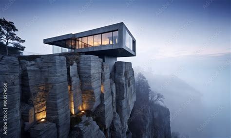Modern House Is Placed On Top Of A Steep Cliff The House Is A Box Like