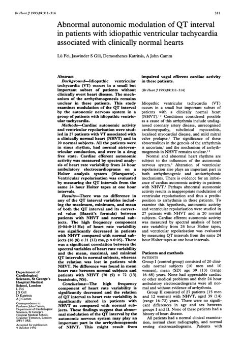 Pdf Abnormal Autonomic Modulation Of Qt Interval In Patients With Idiopathic Ventricular