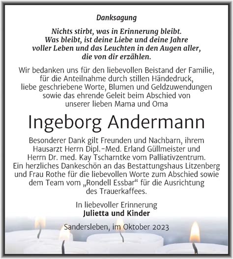 Traueranzeigen Von Ingeborg Andermann Abschied Nehmende