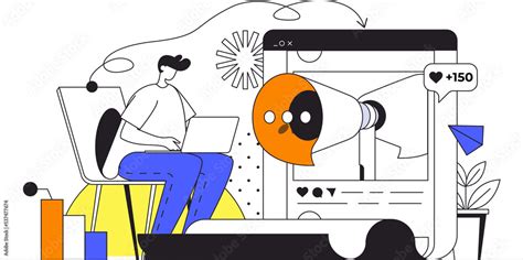 Outbound Marketing Web Concept In Flat Outline Design With Character Man Marketer Making