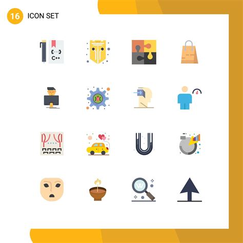 Editable Vector Line Pack Of 16 Simple Flat Colors Of Market Bag Shield Teamwork Puzzle Editable