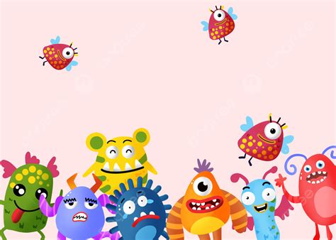 Smiling Posing For A Photo With Cartoon Monsters On Party Background
