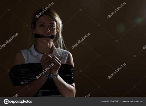Scared Woman Taped Taken Hostage Dark Background Space Text — Stock