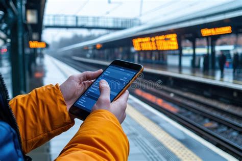 Person Is Using Mobile Phone While Waiting On Railway Platform With