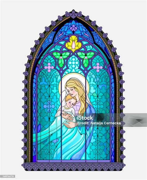 아름 다운 화려한 중세 스테인드 글라스 창문입니다 고딕 양식의 건축 양식 마돈나와 아이의 삽화 프랑스 교회의 건축 서유럽의 중세 시대 벡터 그리기 스테인드글라스에 대한 스톡