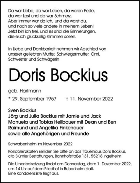 Traueranzeigen Von Doris Bockius Vrm Trauerde