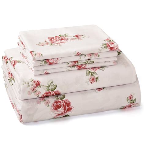 Bysure King Sheet Set 6 Pieces Pink Rose Floral Cottage Core Botanical Patterned Sheets
