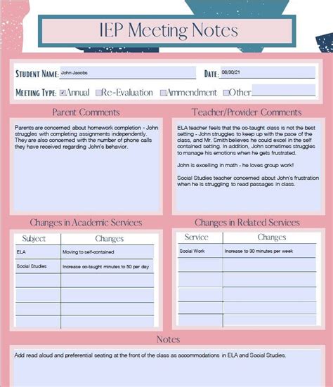 Iep Meeting Note Tracker Fillable Etsy Meeting Notes Iep Meetings Iep