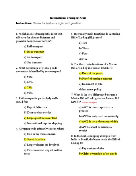 Int 101 International Transport Quiz Key Concepts And Questions Studocu