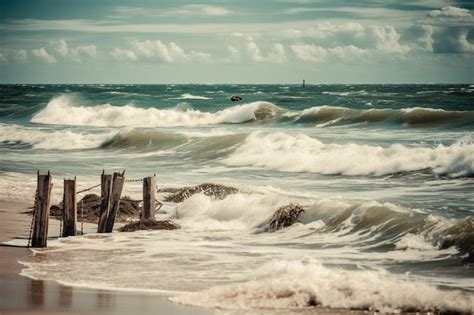 Premium AI Image | Surfers are riding waves on a beach with wooden ...