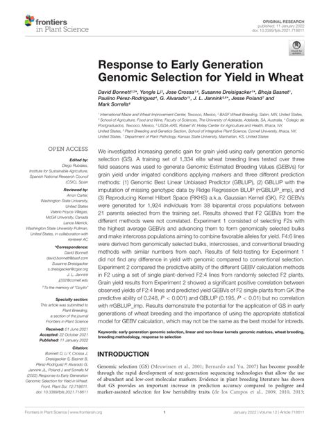 Pdf Response To Early Generation Genomic Selection For Yield In Wheat