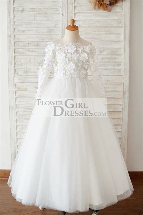 Lace Tulle Off Shoulder Long Sleeves Flower Girl Dress 3d Flowers