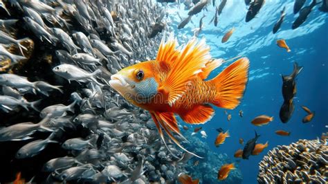 Colorful Parrot Fish Swimming Among School Of Gray Fish In Ocean Stock