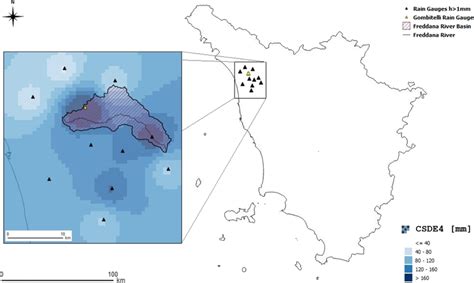 rain gauges and rainfall raster of csde4 coastal short duration event