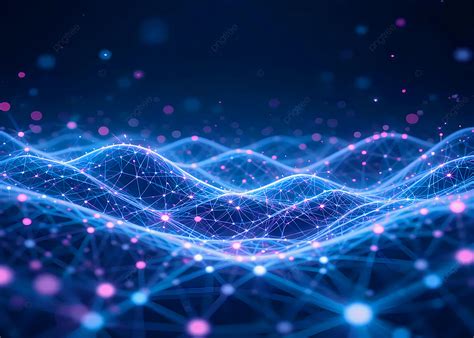 Abstract Digital Waves With Glowing Blue Network Lines Neural Nodes Cybernetic Landscape Data