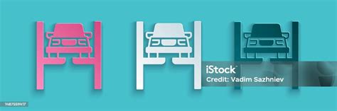 종이 컷 리프트 아이콘에 있는 자동차 수리는 파란색 배경에 분리되어 있습니다 차체 하부 서스펜션 바퀴 및 엔진 수리 종이 아트 스타일 벡터 3차원 형태에 대한 스톡 벡터