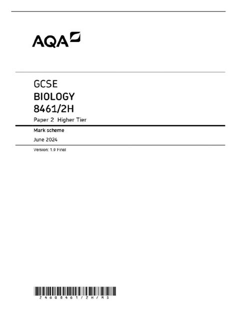 Actual 2024 Gcse Aqa Higher Triple Science Biology Paper 2 Question Paper Mark Scheme