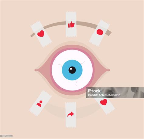소셜 네트워킹 중독 개념입니다 스카치 테이프와 소셜 네트워크 등급 아이콘 기호 오픈 눈 엄지손가락 심장 같은 추종자 재게시 코멘트 평면 벡터 일러스트 레이 션 불면증에 대한