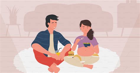 임신한 아내와 남편은 Tv 시리즈나 영화 벡터 일러스트레이션을 본다 만화 커플 남자 여자 캐릭터는 집 바닥의 카펫에 앉아 있고 배를 먹고 있는 미래의 어머니 행복한