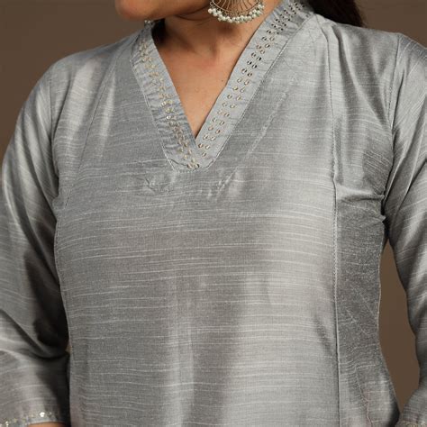 Grey Slub Silk A Line Plain Kurta With Hand Embroidery
