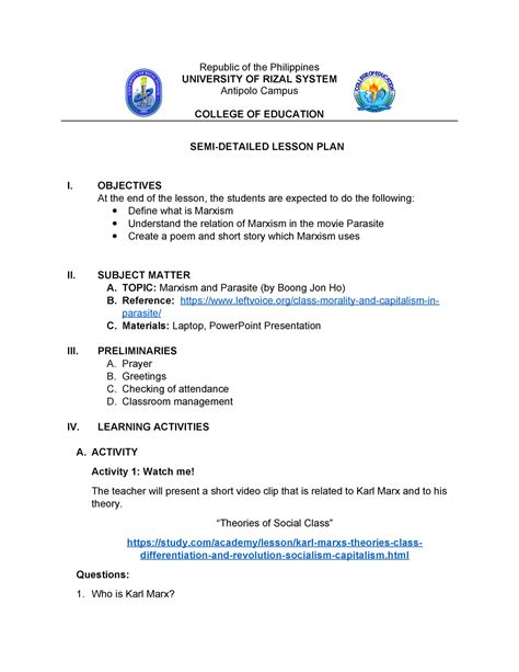 Lit1 Lesson Plan Lesson Plan Republic Of The Philippines University