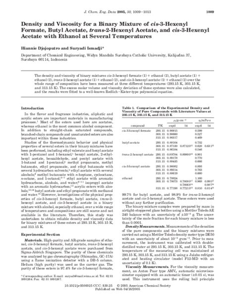 Pdf Density And Viscosity For A Binary Mixture Of Cis 3 Hexenyl