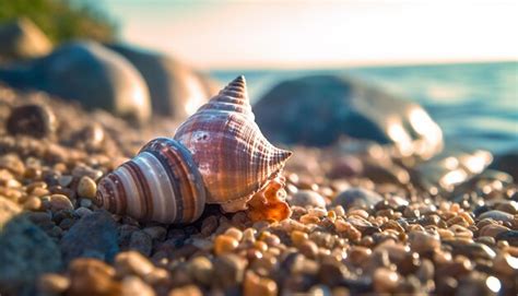premium ai image a shell on a beach with the sun setting behind it