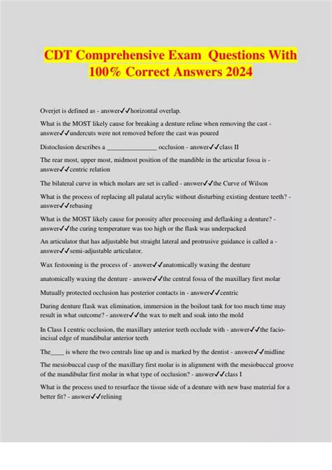 Cdt Comprehensive Exam Questions With 100 Correct Answers 2024 Cdt