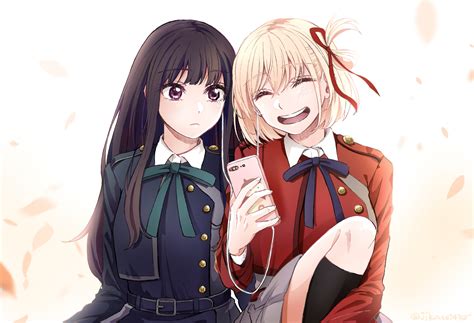 Short Hair Blonde Long Hair Two Women Anime Anime Girls Lycoris