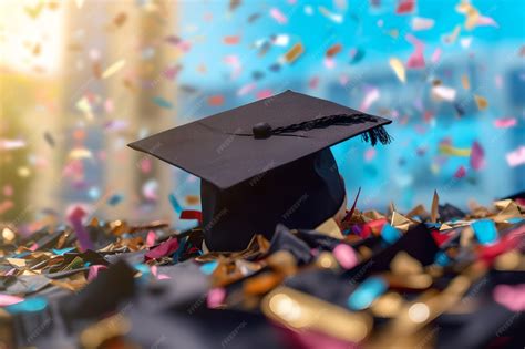 Premium Ai Image Graduation Cap Floating In The Sky With Confetti