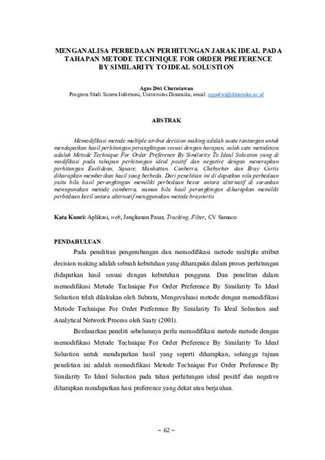 Pdf Menganalisa Perbedaan Perhitungan Jarak Ideal Pada Tahapan Metode Technique For Order