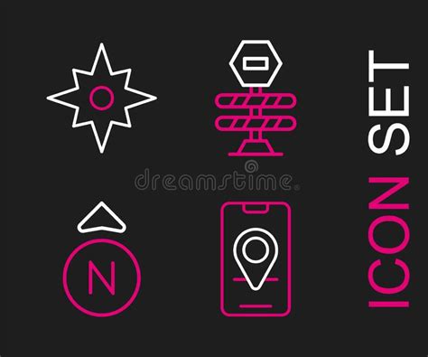 Set Line City Map Navigation Compass Road Barrier And Wind Rose Icon Vector Stock Vector