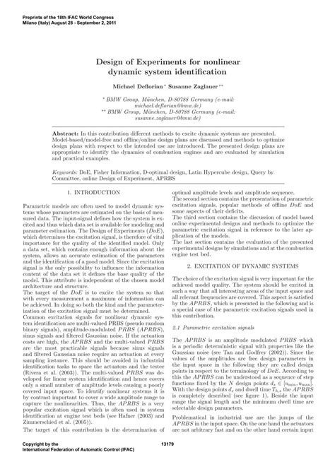 Design Of Experiments For Nonlinear Dynamic System Identification