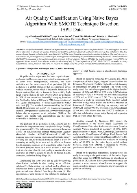 Pdf Air Quality Classification Using Naive Bayes Algorithm With Smote Technique Based On Ispu Data