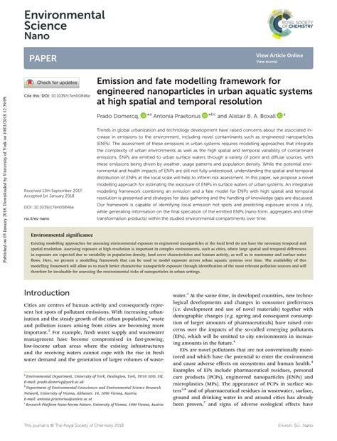 Pdf Emission And Fate Modelling Framework For Engineered Nanoparticles In Urban Aquatic