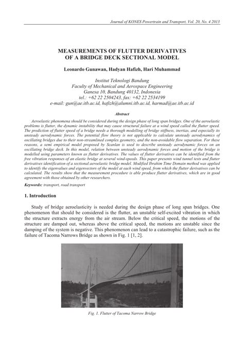 Pdf Measurements Of Flutter Derivatives Of A Bridge Deck Sectional Model