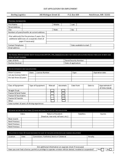 Fillable Online Dot Application For Employment Sterling Logistics 340
