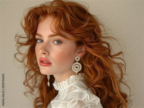 Foto De 주얼리 룩북 긴 빨간 머리 곱슬 머리를 가진 측면 프로필 백인 모델 어깨는 편안하고 귀는 눈길을 끄는