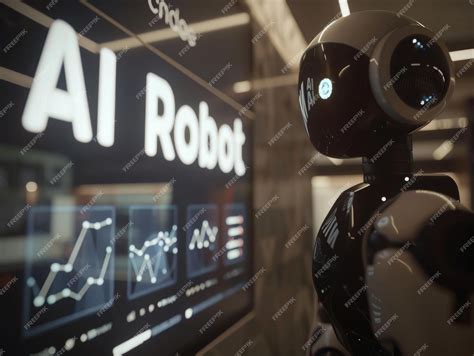 premium photo ai robot standing in front of a digital screen with charts